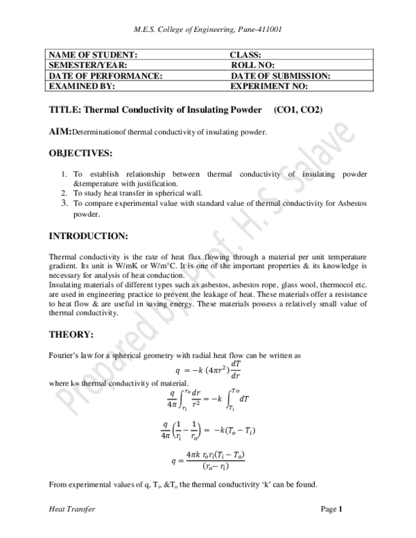 (PDF) Experiment:-Thermal Conductivity of Insulating powder