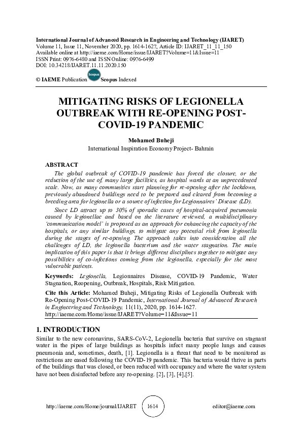 (PDF) MITIGATING RISKS OF LEGIONELLA OUTBREAK WITH RE-OPENING POSTCOVID ...