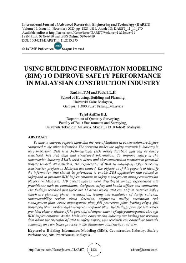 (PDF) USING BUILDING INFORMATION MODELING (BIM) TO IMPROVE SAFETY PERFORMANCE IN MALAYSIAN ...
