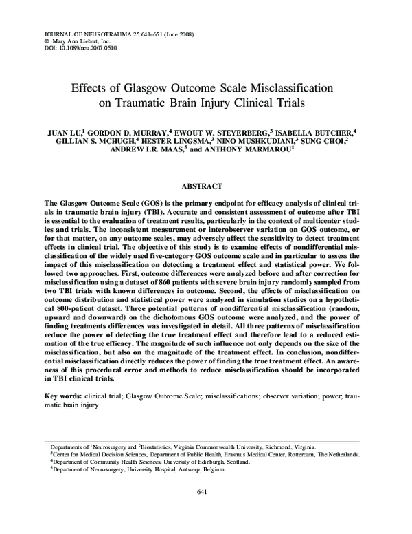 (PDF) Effects of Glasgow Outcome Scale Misclassification on Traumatic ...