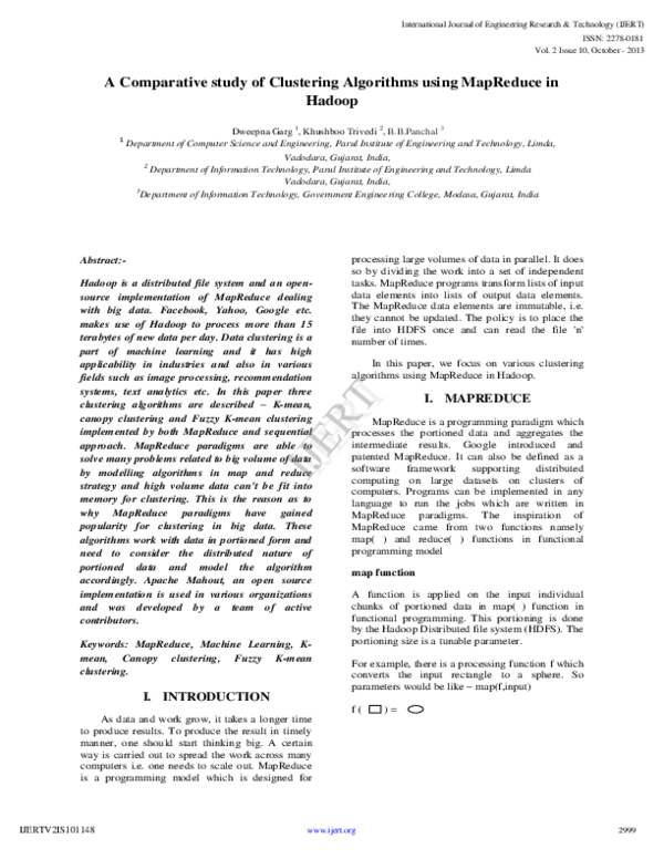 (PDF) IJERT-A comparative study of clustering algorithms using mapreduce in hadoop IJERTV2IS