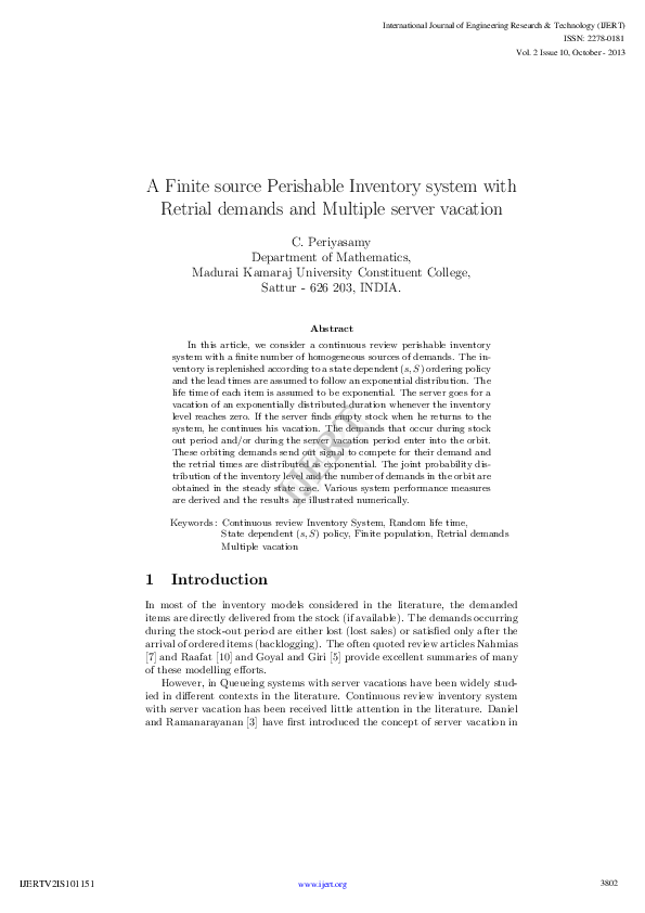 Pdf Ijert A Finite Source Perishable Inventory System With Retrial