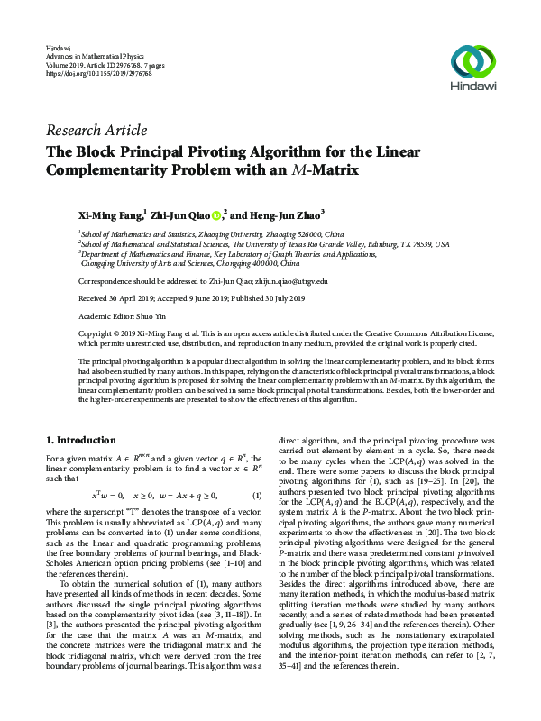 (PDF) The Block Principal Pivoting Algorithm for the Linear Complementarity Problem with an M-Matrix