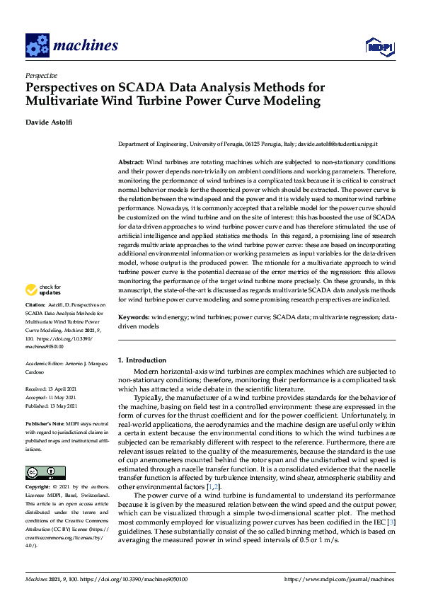 (PDF) Perspectives on SCADA Data Analysis Methods for Multivariate Wind Turbine Power Curve Modeling
