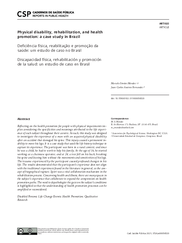 (PDF) Physical disability, rehabilitation, and health promotion: a case study in Brazil