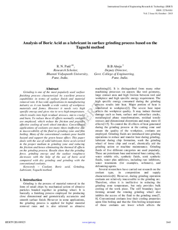 (PDF) IJERT-Analysis of Boric Acid as a lubricant in surface grinding process based on the ...