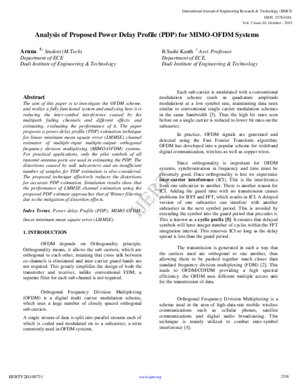 Pdf Ijert Analysis Of Proposed Power Delay Profile Pdp For Mimo Ofdm Systems Ijertv2is