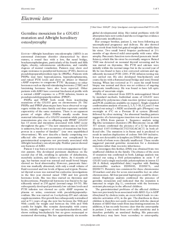(PDF) Germline mosaicism for a GNAS1 mutation and Albright hereditary ...