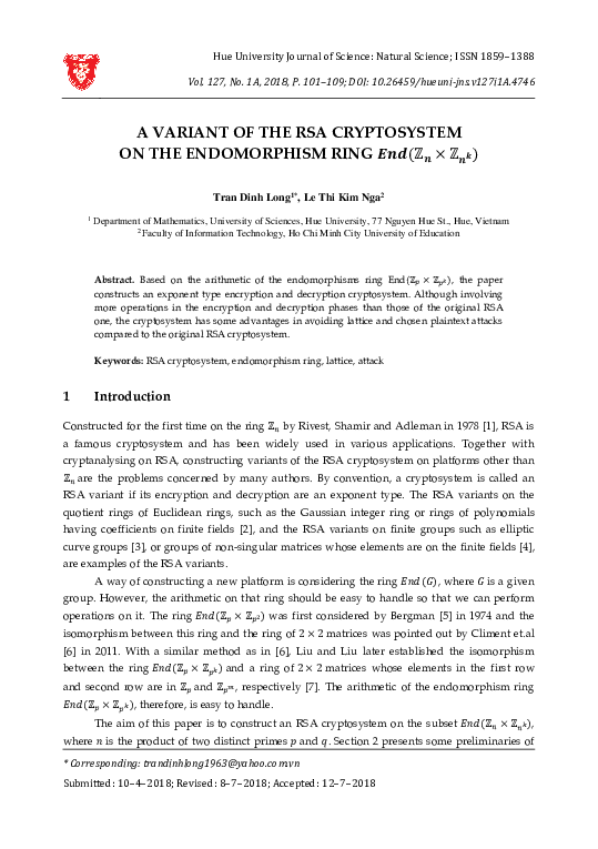 (PDF) A VARIANT OF RSA CRYPTOSYSTEM ON THE ENDOMORPHISM RING End(Z_n×Z ...