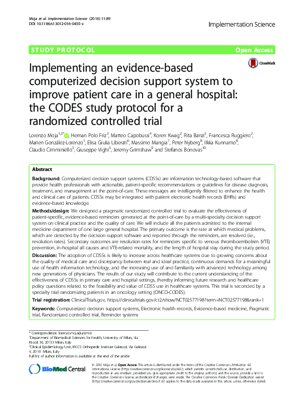 Pdf Implementing An Evidence Based Computerized Decision Support
