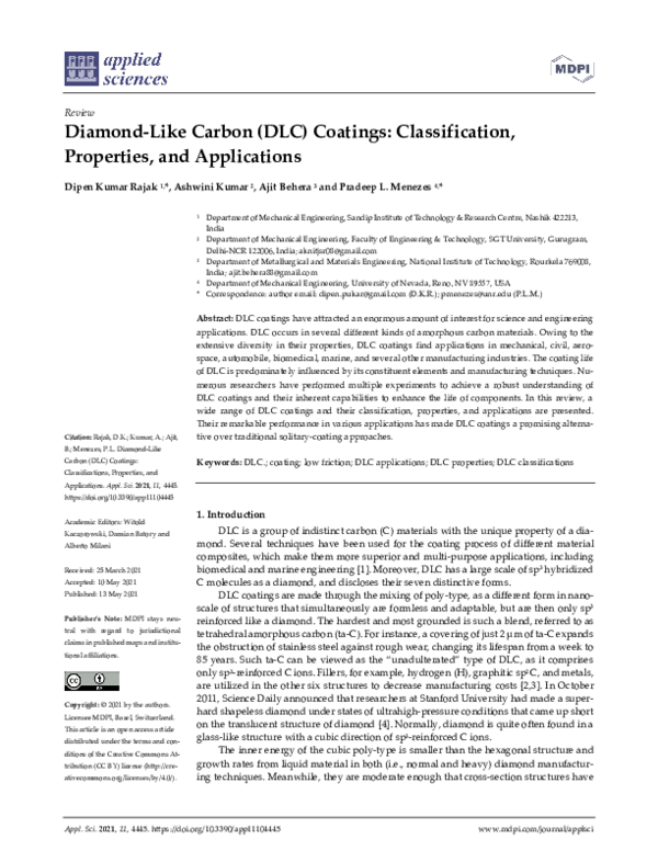 (PDF) Diamond-Like Carbon (DLC) Coatings: Classification, Properties ...