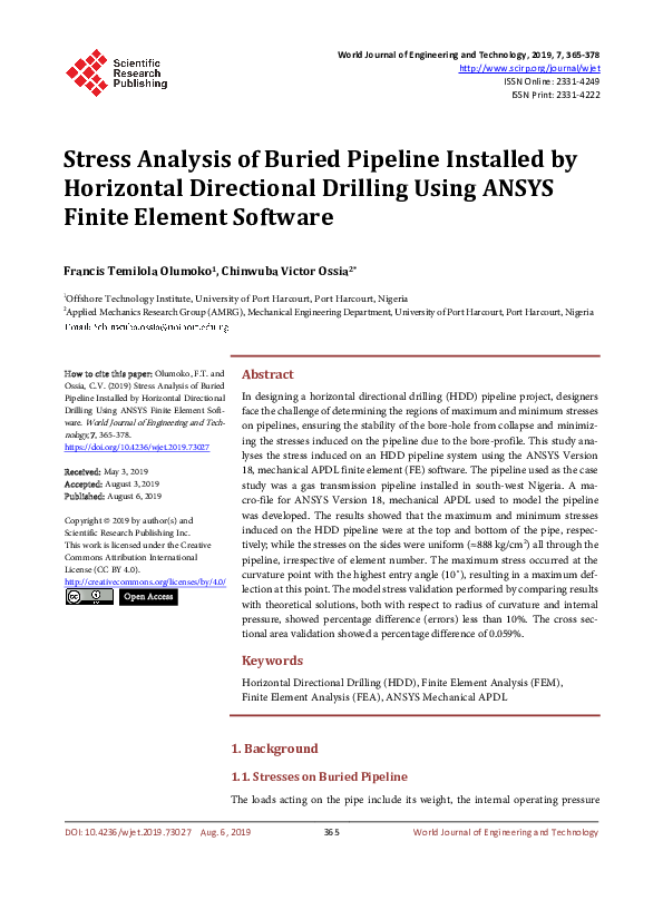 Pdf Stress Analysis Of Buried Pipeline Installed By Horizontal Directional Drilling Using