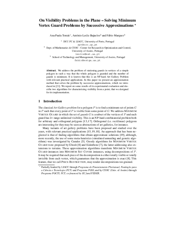 (PDF) On visibility problems in the plane-solving minimum vertex guard ...