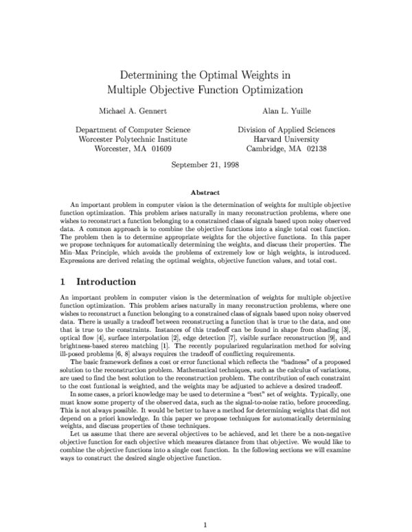 (PDF) Determining The Optimal Weights In Multiple Objective Function Optimization