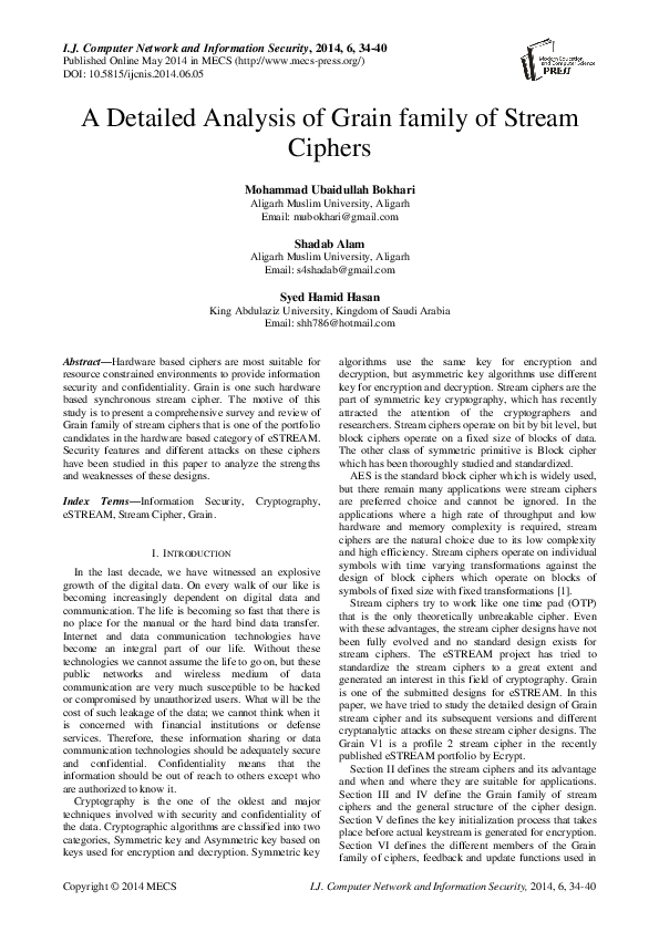 (PDF) A Detailed Analysis of Grain family of Stream Ciphers