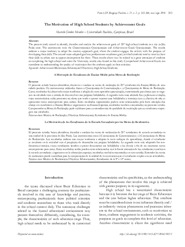 (PDF) The Motivation of High School Students by Achievement Goals