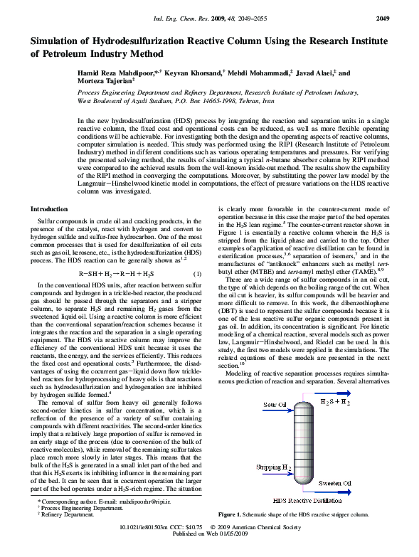 (PDF) Simulation of Hydrodesulfurization Reactive Column Using the ...