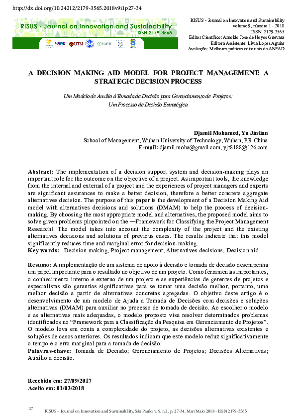 (PDF) A Decision Making Aid Model for Project Management: A Strategic ...