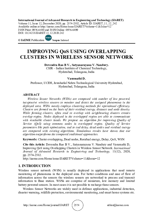 (PDF) IMPROVING QoS USING OVERLAPPING CLUSTERS IN WIRELESS SENSOR NETWORK