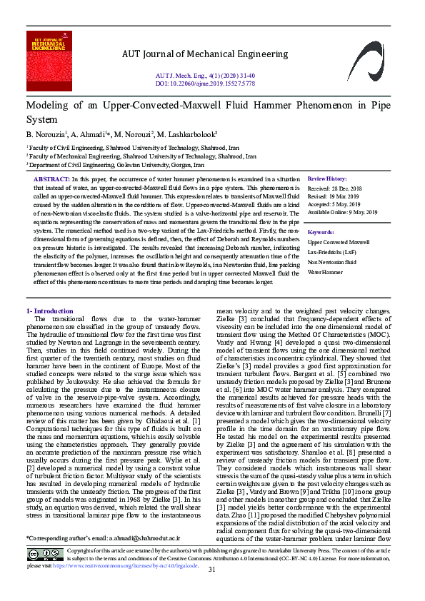 (PDF) Modeling of an Upper-Convected-Maxwell fluid hammer phenomenon in the pipe system