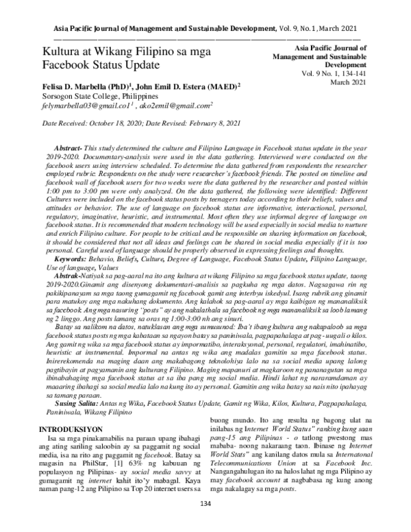 (PDF) Kultura at Wikang Filipino sa mga Facebook Status Update