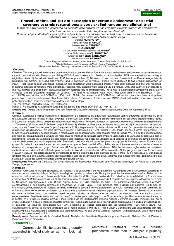 (PDF) Procedure time and patient perception for ceramic endocrowns or ...