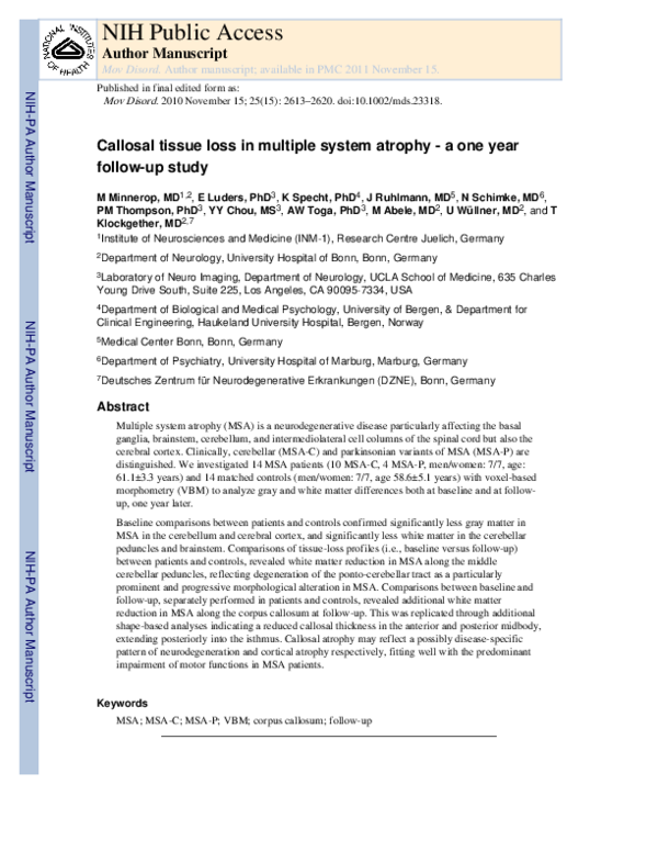 (PDF) Callosal tissue loss in multiple system atrophy-A one-year follow ...