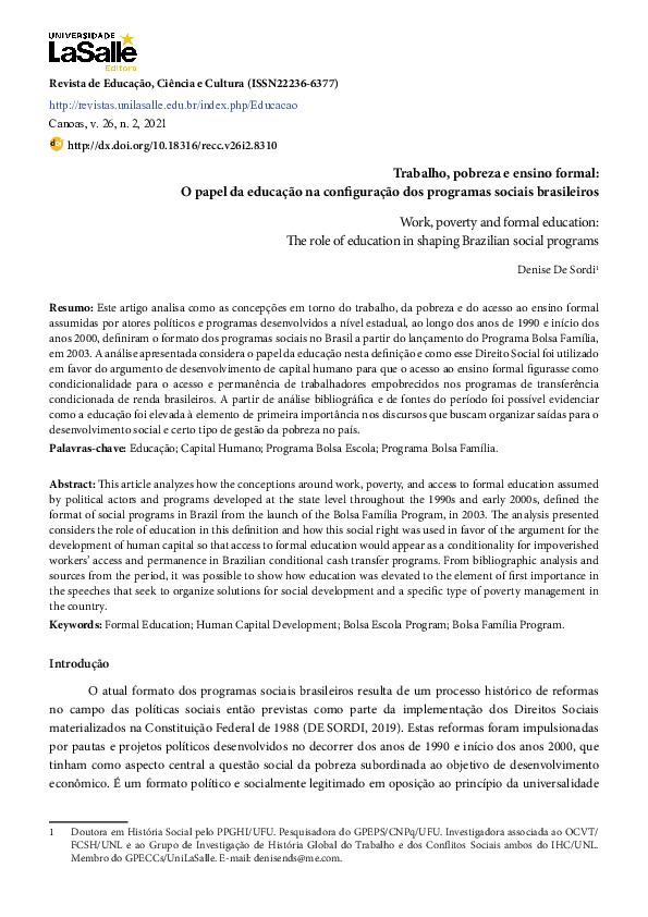(PDF) Work, poverty and formal education: the role of education in ...