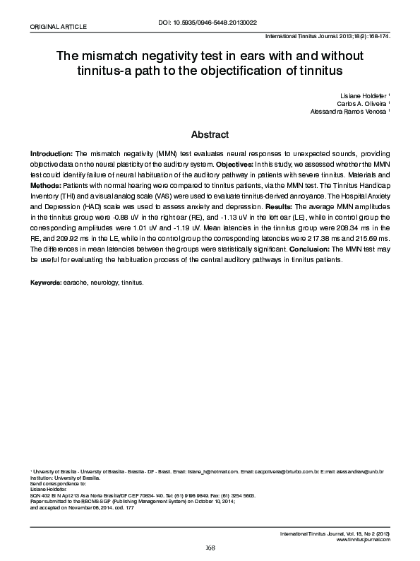 (PDF) The mismatch negativity test in ears with and without tinnitus-a ...
