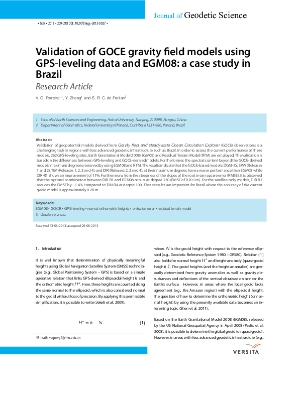Pdf Validation Of Goce Gravity Field Models Using Gps Leveling Data