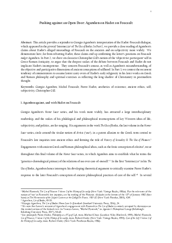 (PDF) Pushing Against an Open Door: On Agamben on Hadot on Foucault (AV)
