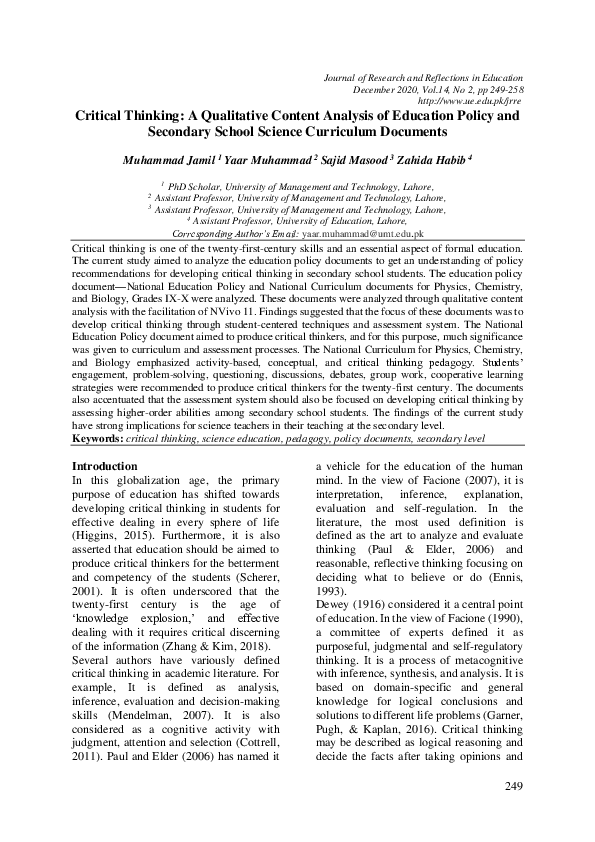 (PDF) Critical Thinking: A Qualitative Content Analysis of Education ...