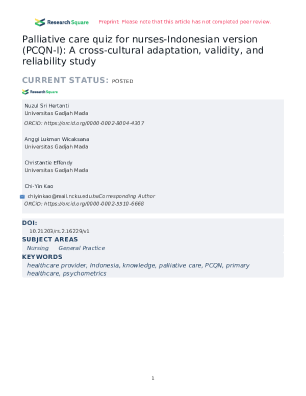 (PDF) Palliative care quiz for nurses-Indonesian version (PCQN-I): A ...