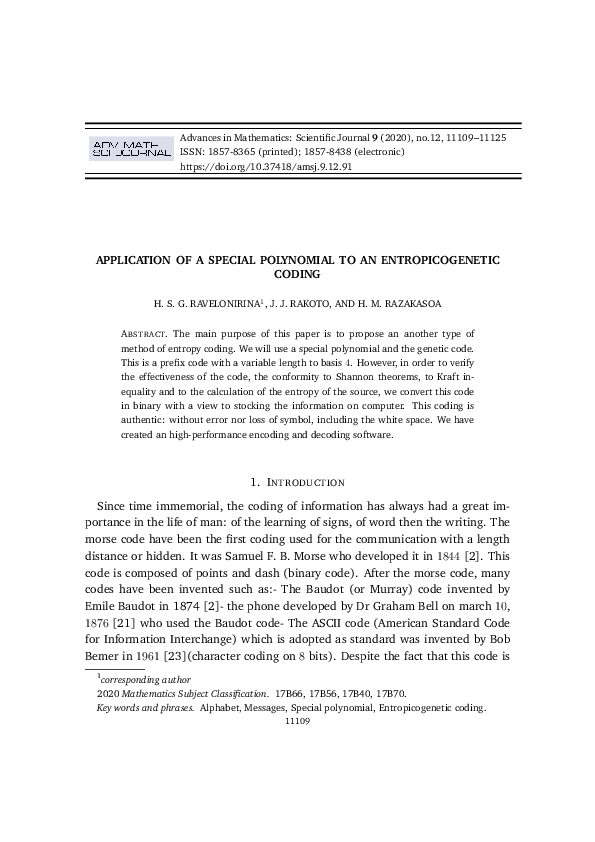 (PDF) Application of a Special Polynomial to an Entropicogenetic Coding | H. Ravelonirina ...