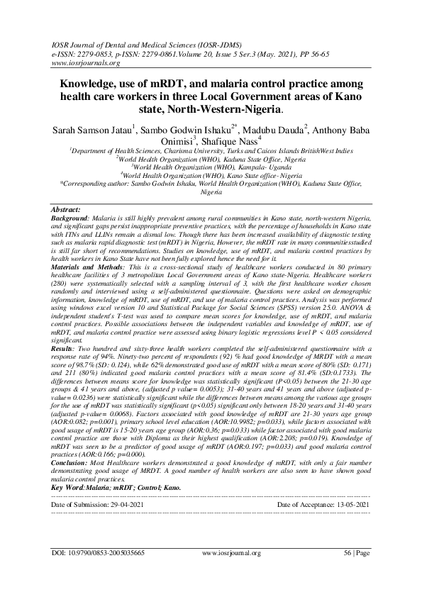 (PDF) Knowledge, use of mRDT and malaria control practice among health ...