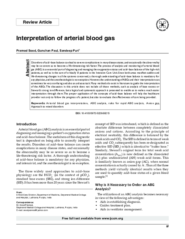 (PDF) Interpretation of arterial blood gas