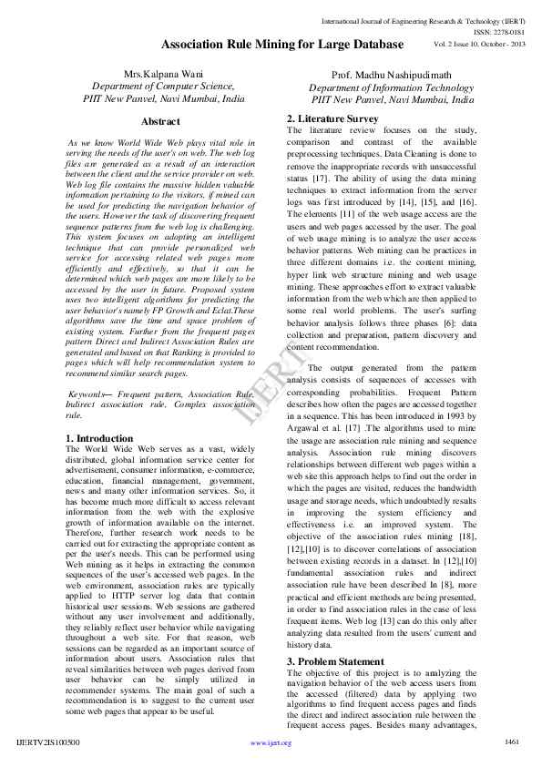 Pdf Ijert Association Rule Mining For Large Database