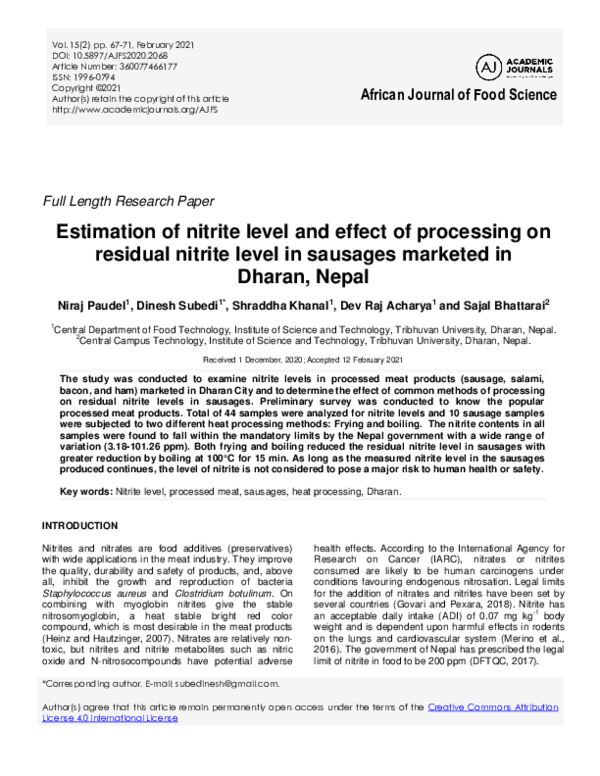 (PDF) Estimation of nitrite level and effect of processing on residual ...