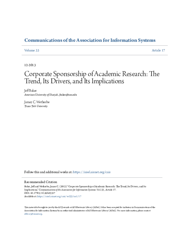 (PDF) Corporate Sponsorship of Academic Research: The Trend, Its ...