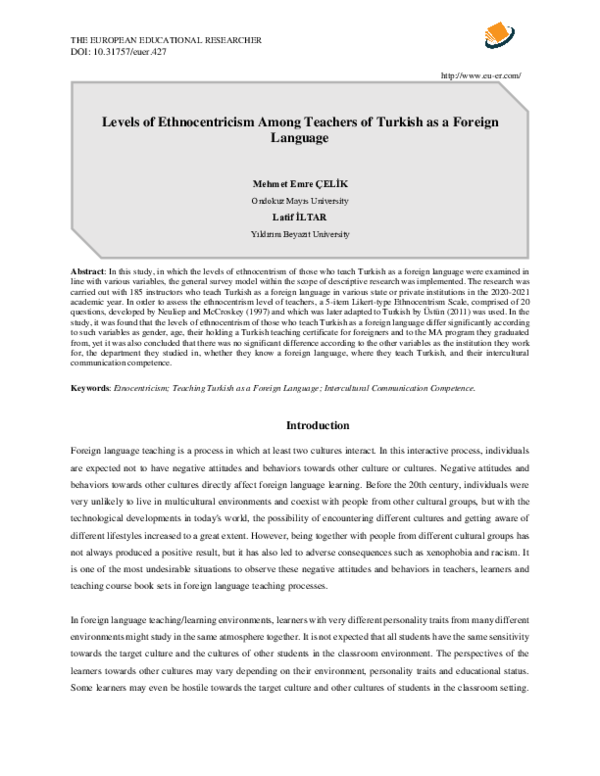 (PDF) Levels of Ethnocentricism Among Teachers of Turkish as a Foreign ...