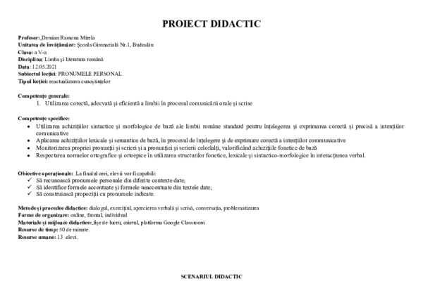 (DOC) PROIECT DIDACTIC PRONUME clasa a V-a