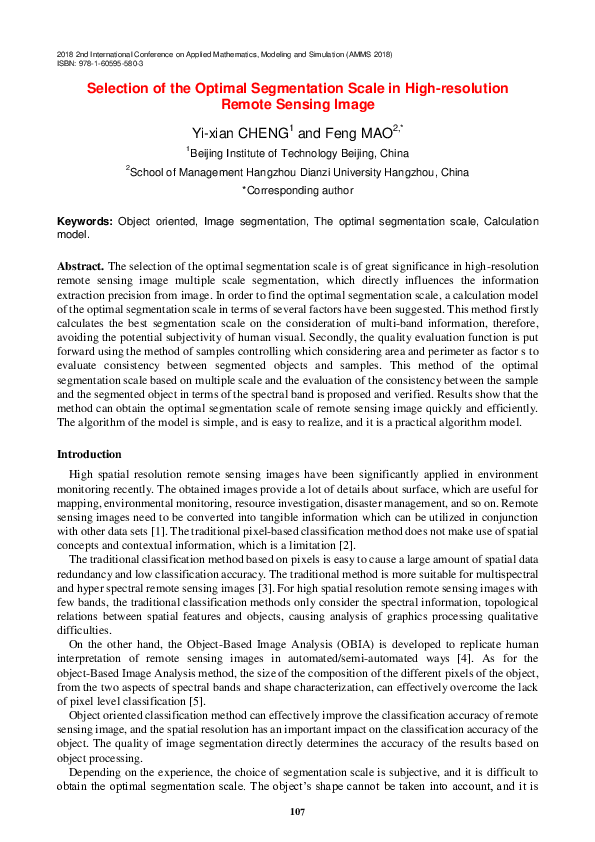 (PDF) Selection of the Optimal Segmentation Scale in High-resolution Remote Sensing Image