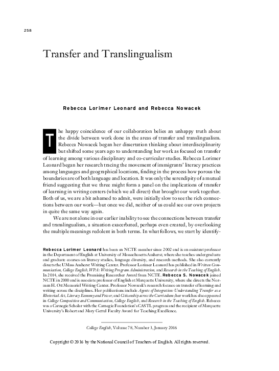 (PDF) Transfer and Translingualism