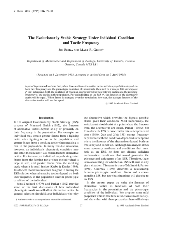 (PDF) The evolutionarily stable strategy under individual condition and tactic frequency
