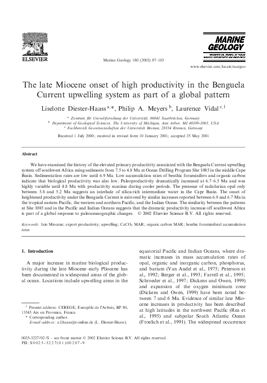 (PDF) The late Miocene onset of high productivity in the Benguela ... (PDF) The late Miocene onset of high productivity in the Benguela ...