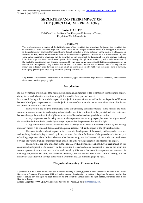 (PDF) Burim Haliti - Securities and their impact on the judicial civil ...
