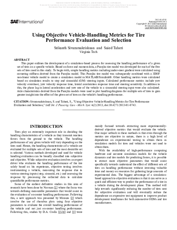 (PDF) Using Objective Vehicle-Handling Metrics for Tire Performance Evaluation and Selection