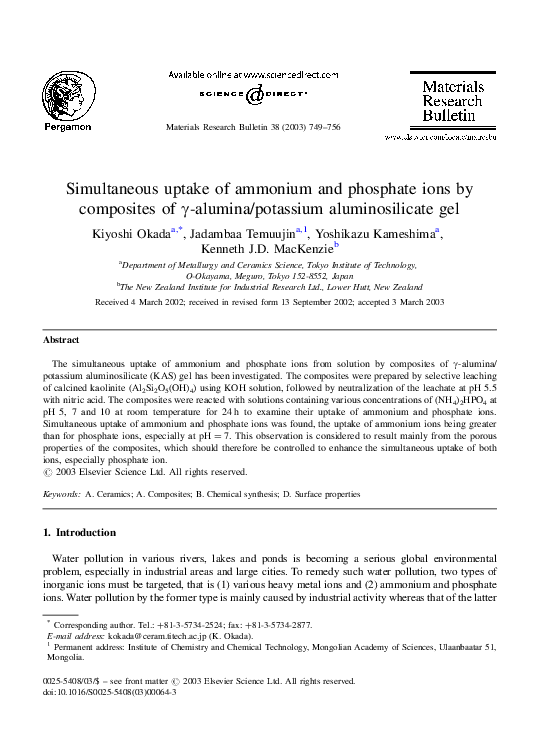 (PDF) Simultaneous uptake of ammonium and phosphate ions by composites ...