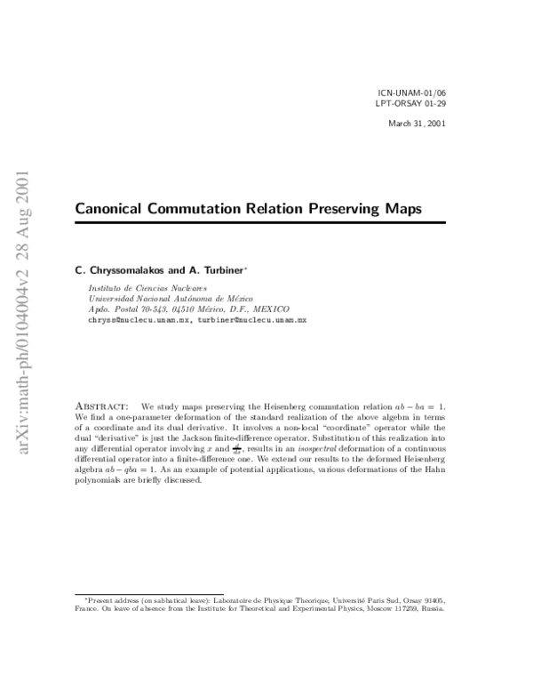 Pdf Canonical Commutation Relation Preserving Maps