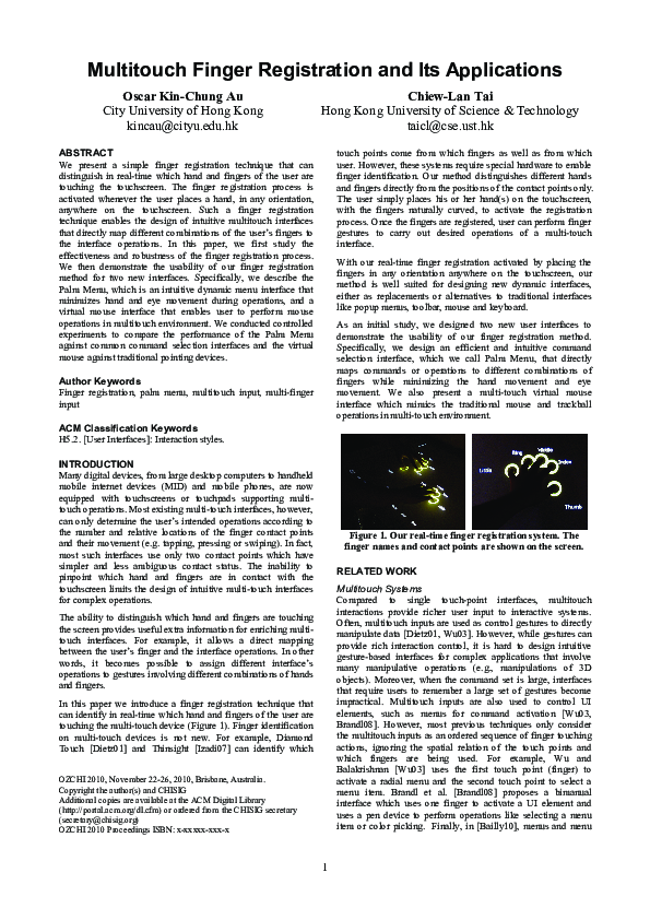 (PDF) Multitouch finger registration and its applications